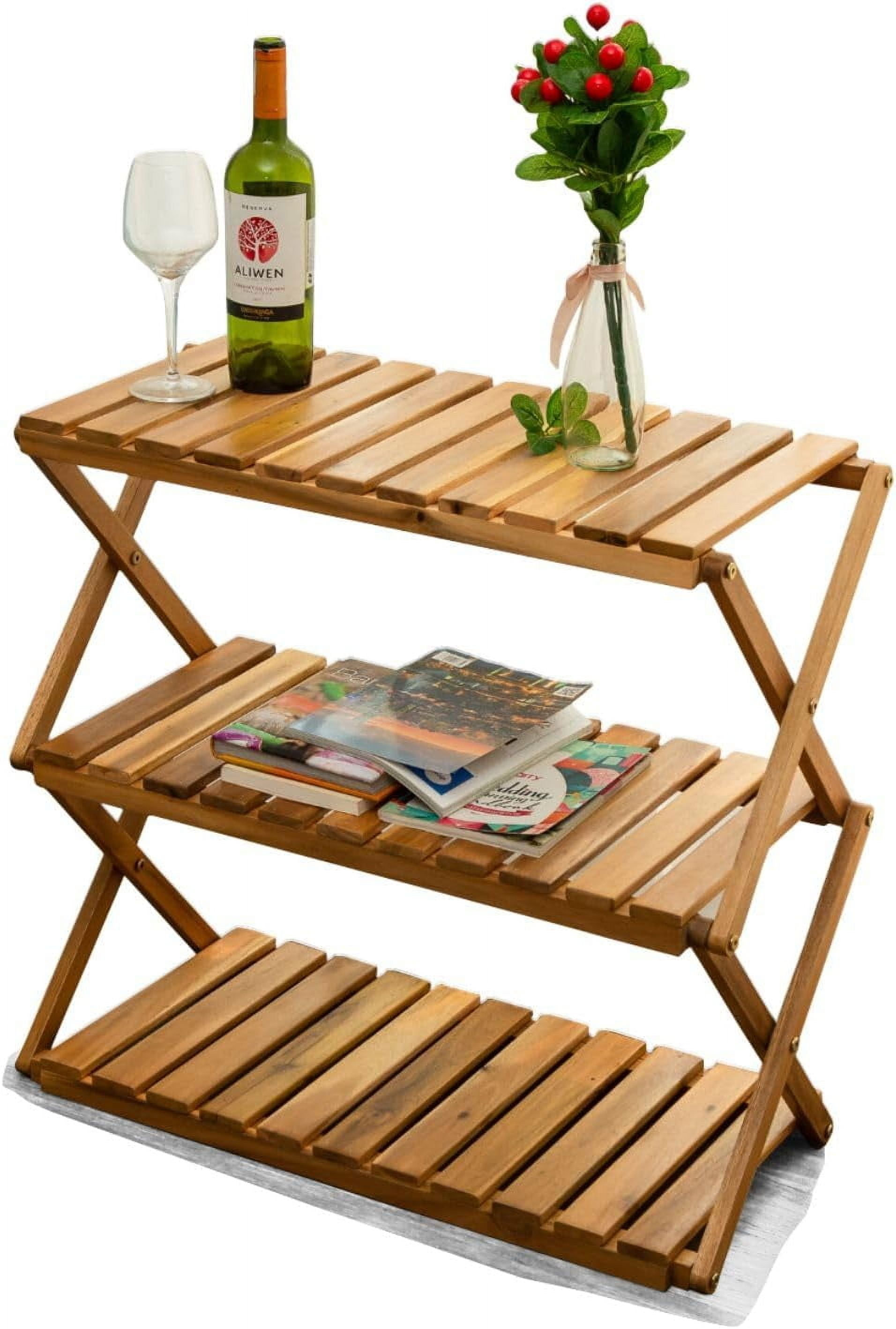 BEEFURNI Multipurpose Display Shelf Folding, 3 Tier Shelf, Acacia Wood ...