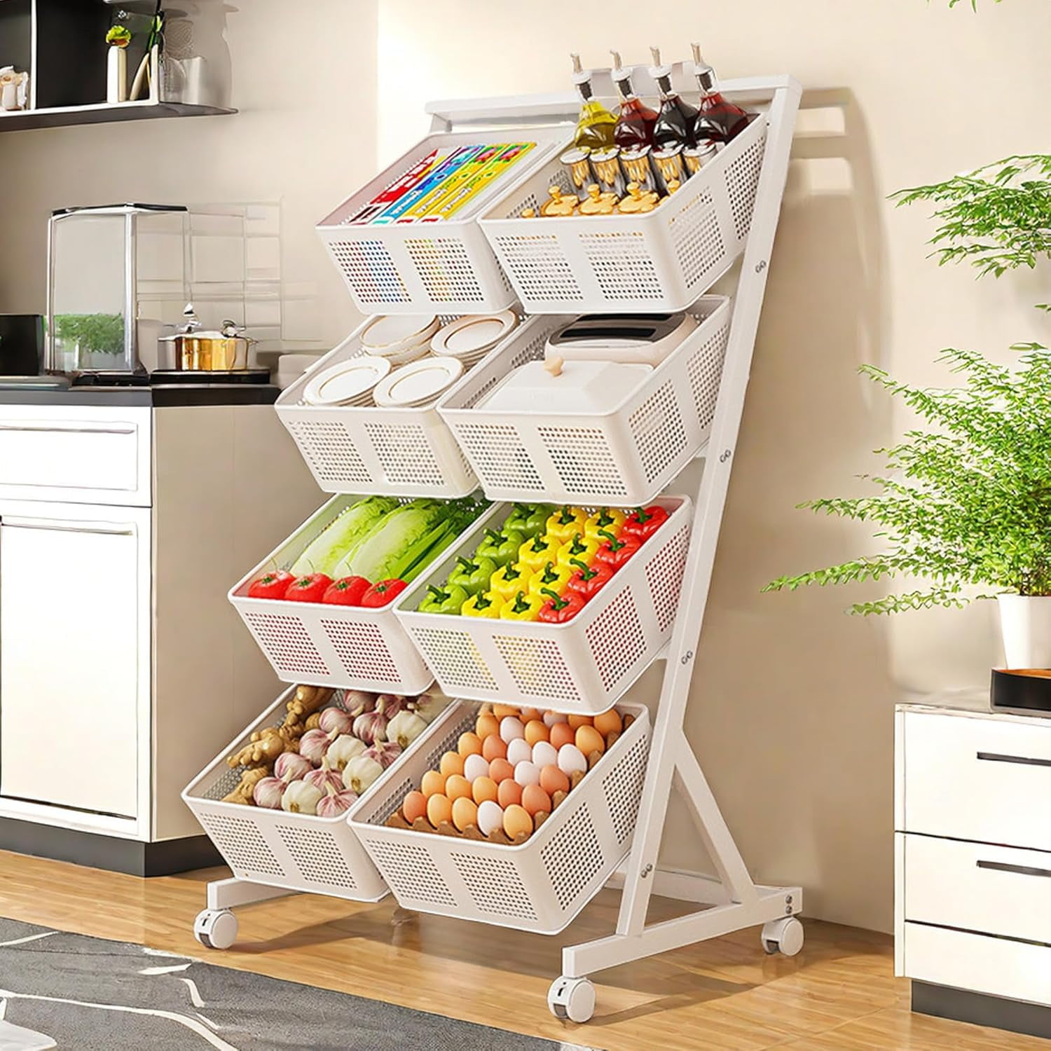 BEEY Kitchen Storage Cart, 4 Tier Fruit Vegetable Basket Storage Cart ...