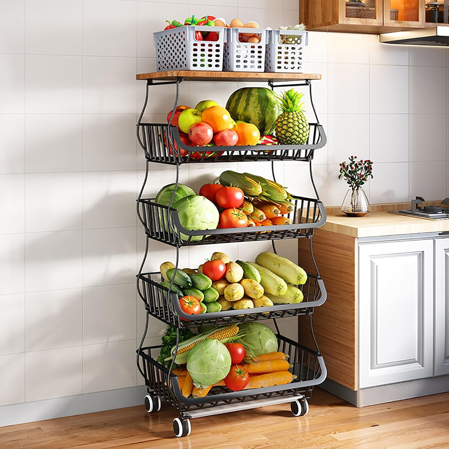 BEEY Kitchen Storage Cart, 5 Tier Fruit Vegetable Storage Basket Cart ...