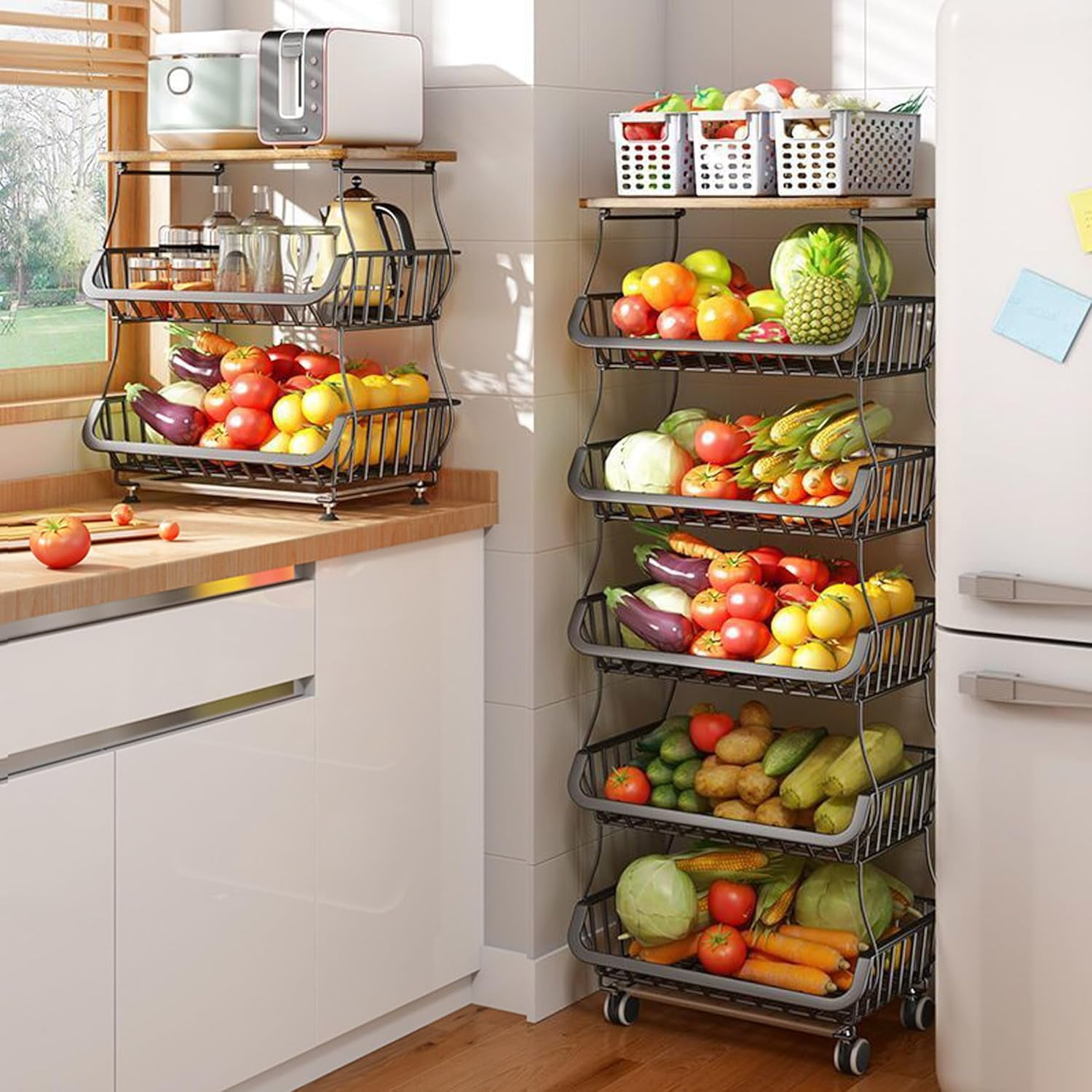 BEEY Kitchen Storage Cart, 6 Tier Fruit Vegetable Storage Basket Cart ...