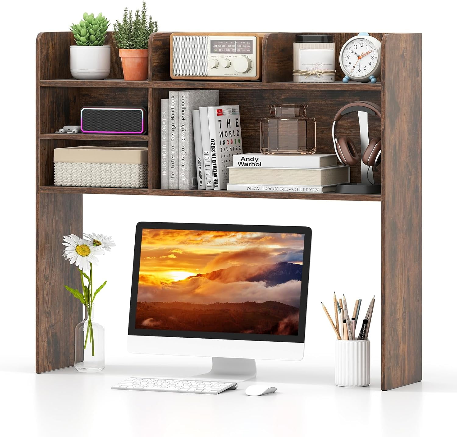 BEEYLA Desktop Bookshelf for Computer Up to 32”, 37” Countertop Storage ...