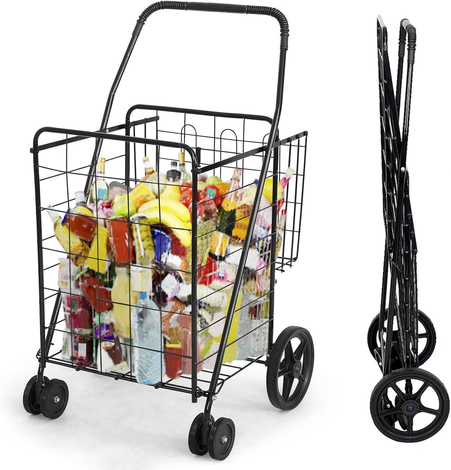 BEEYLA Shopping Cart with Wheels, Foldable Utility Metal Carts with 360 ...
