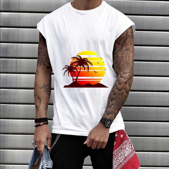 BEFOKA Hawaiian Tank Tops Men Sleeveless Crew Neck Muscle Top Palm Tree ...