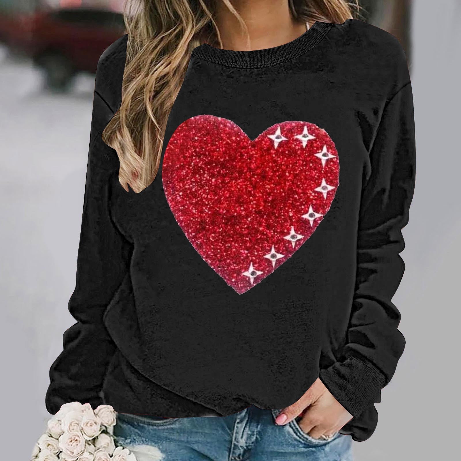 BEFOKA Womens Casual Heart Graphics Shirt Long Sleeve Crew Neck ...
