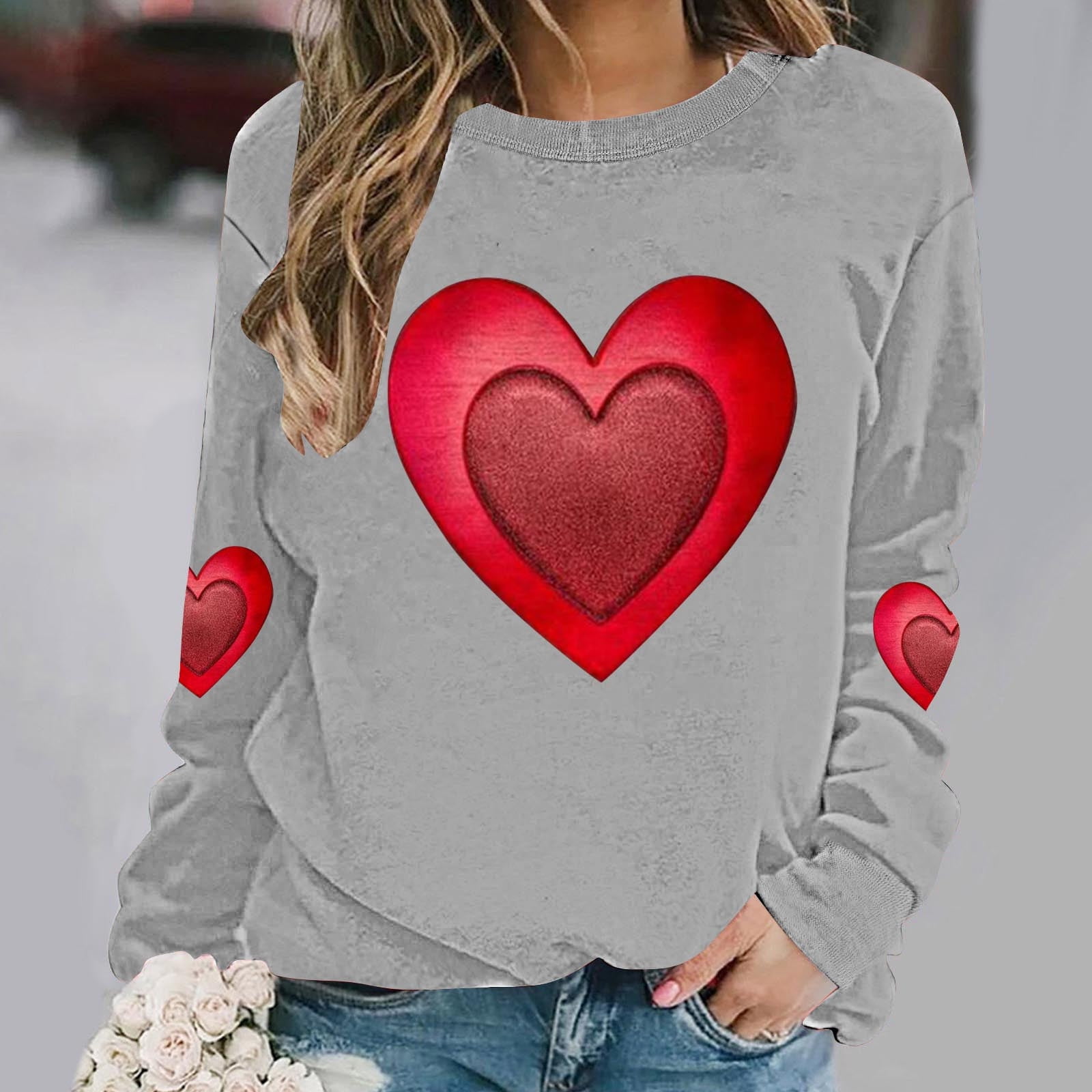 BEFOKA Womens Casual Heart Graphics Shirt Long Sleeve Crew Neck ...