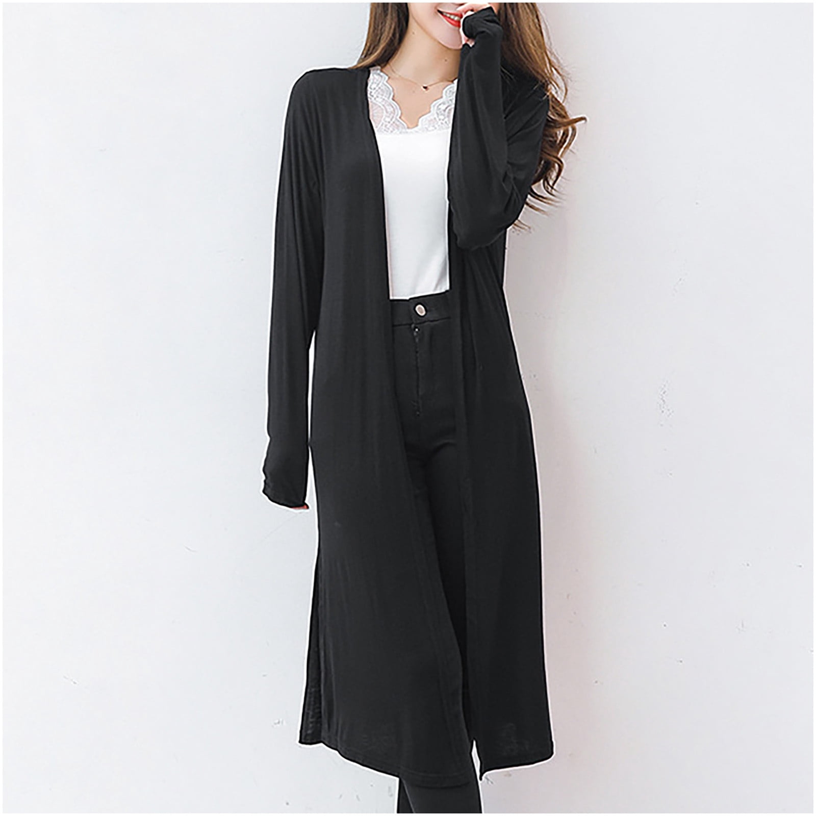 BEFOKA Womes Lightweight Maxi Longer Length Open-Front Long-Sleeve ...