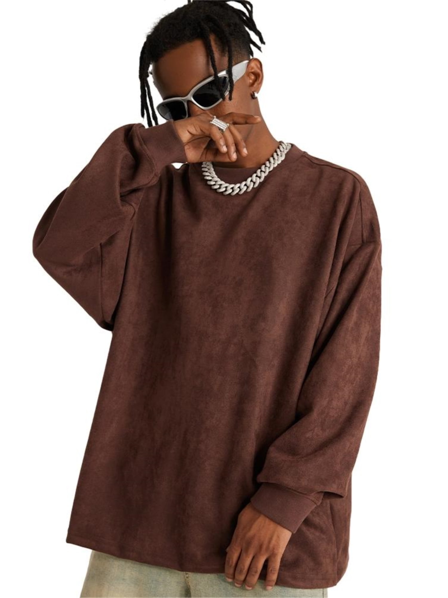 BEGOING Men's Suede T-Shirts Oversized Long Sleeve Casual Loose Fit ...