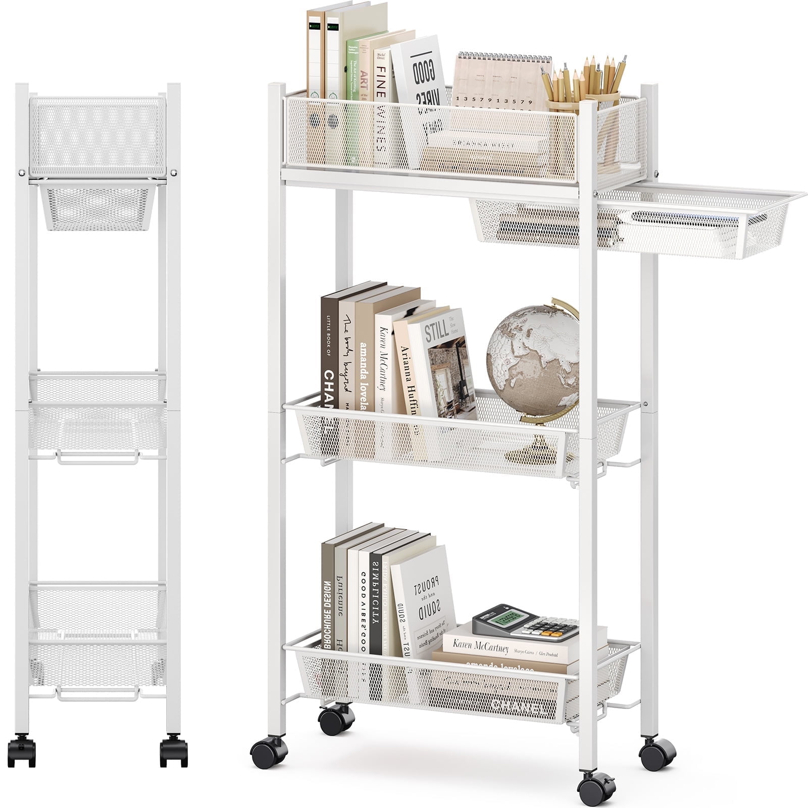 BEHERZT 3 Tiers Utility Cart, Metal Rolling Carts with Drawer, Slim ...