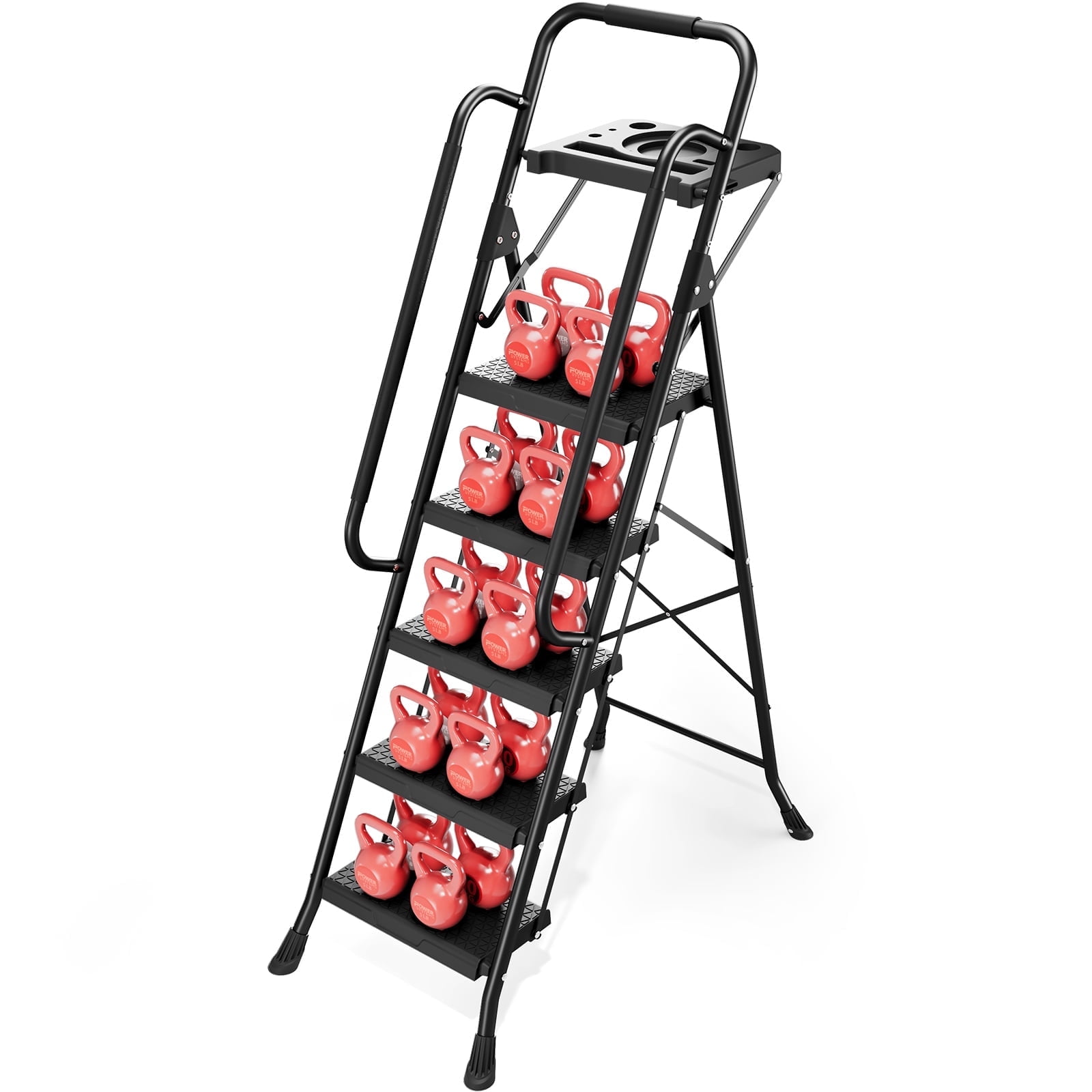 BEHERZT 5 Step Ladder, 800lbs Folding Step Stool with Anti-Slip Wide ...