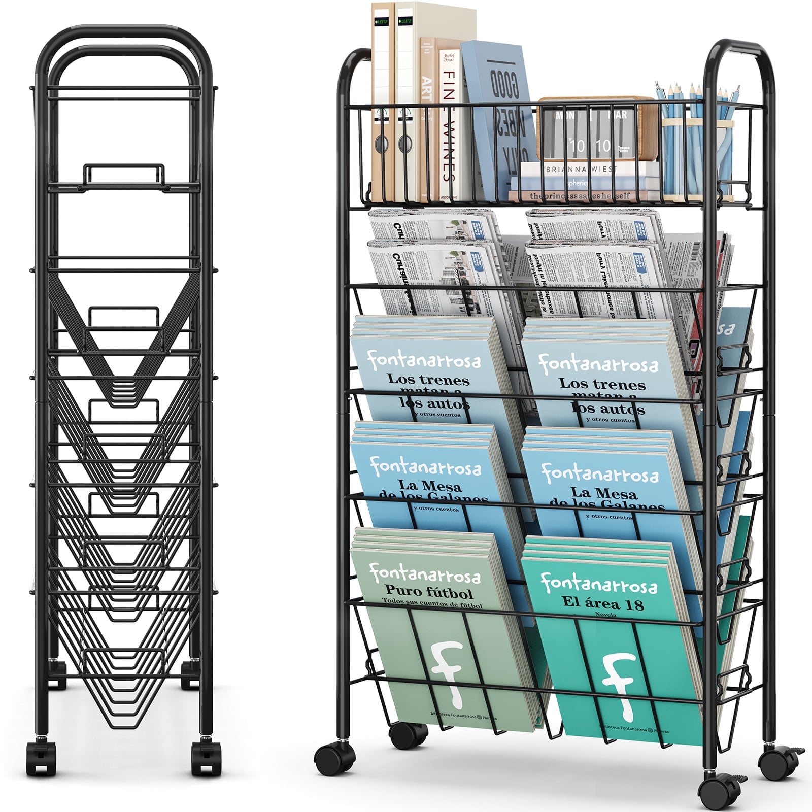 BEHERZT 5 Tiers Utility Cart Mobile Bookshelf, Metal Rolling Cart with ...
