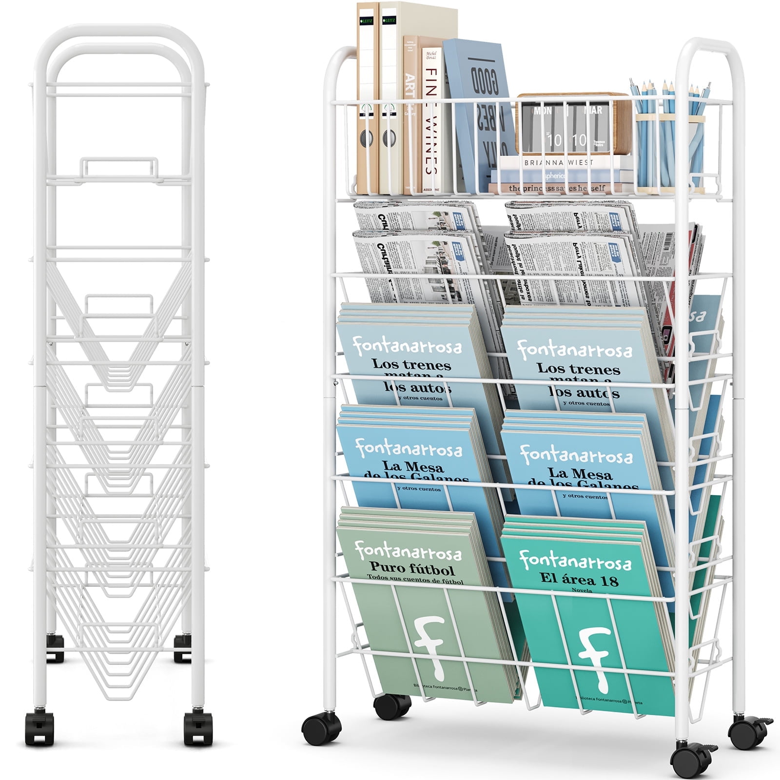 BEHERZT 5 Tiers Utility Cart Mobile Bookshelf, Metal Rolling Cart with ...