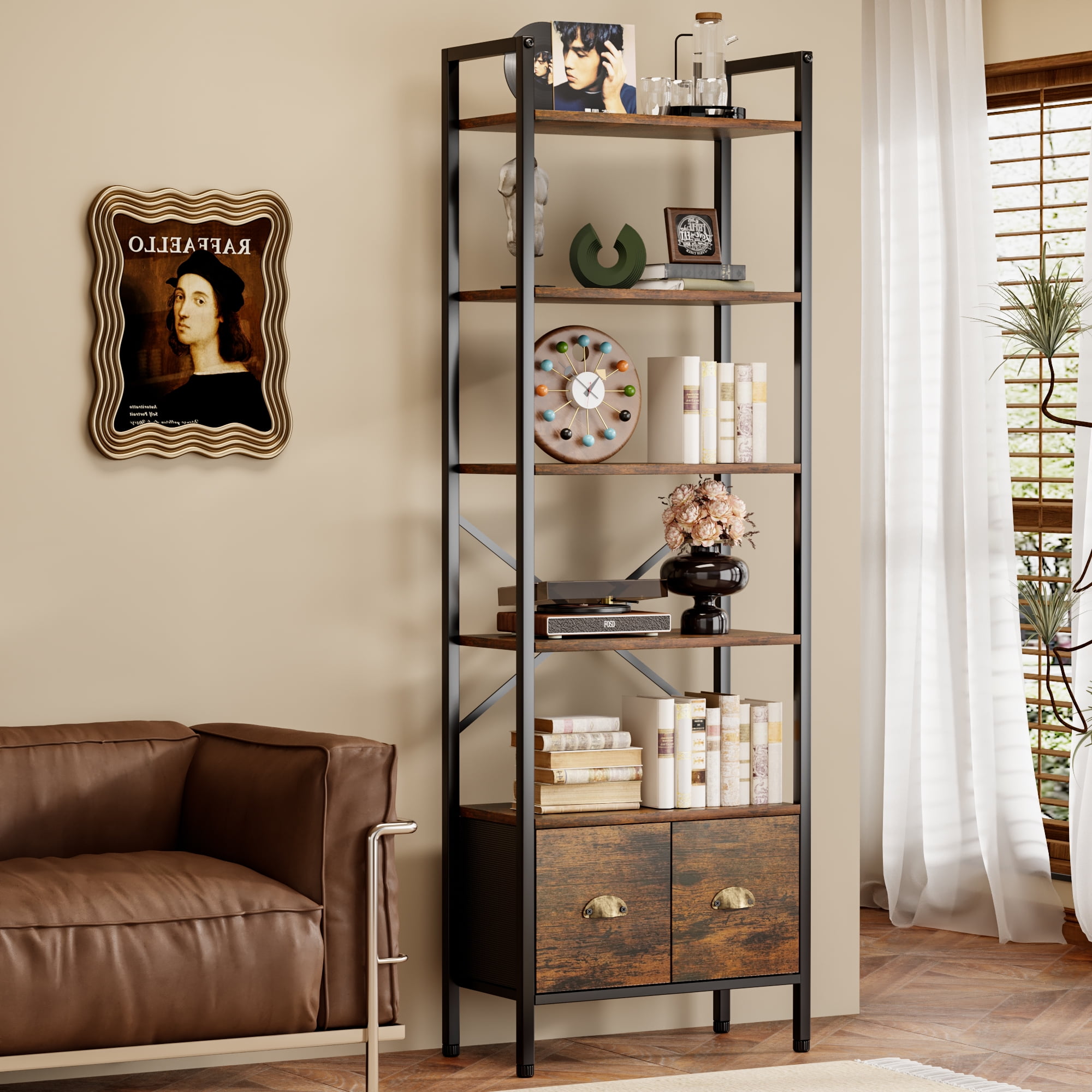 BEHOST Bookshelf with 6 Tiers, Tall Bookcase 70in with 2 Fabric Drawers ...
