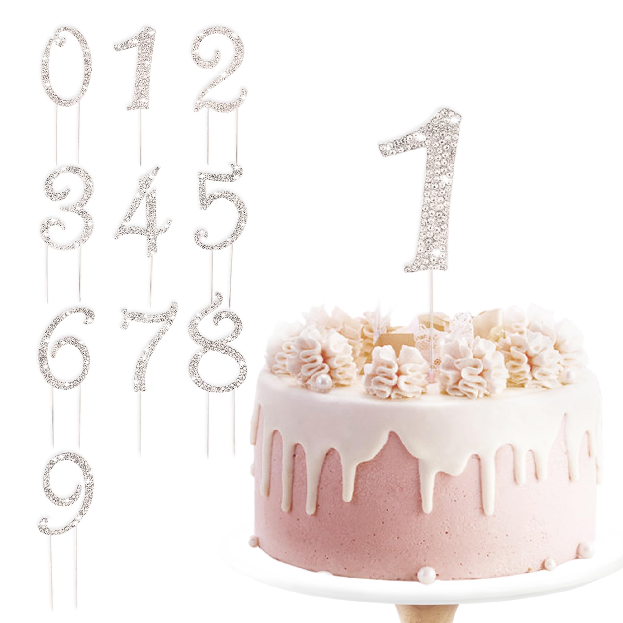 BEIDHIA Number Cake Topper 0-9,Silver Bling RST1 Rhinestone Happy ...