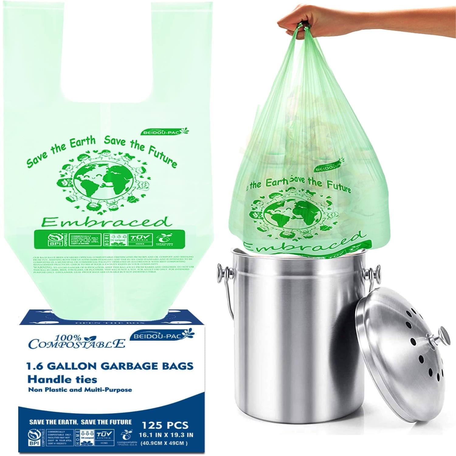 BEIDOU-PAC 1.6 Gallon Compostable Trash Bags with Handle, 125 Count ...