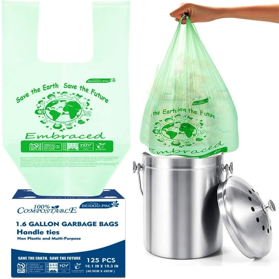 BEIDOU-PAC 1.6 Gallon Compostable Trash Bags with Handle, 125 Count ...