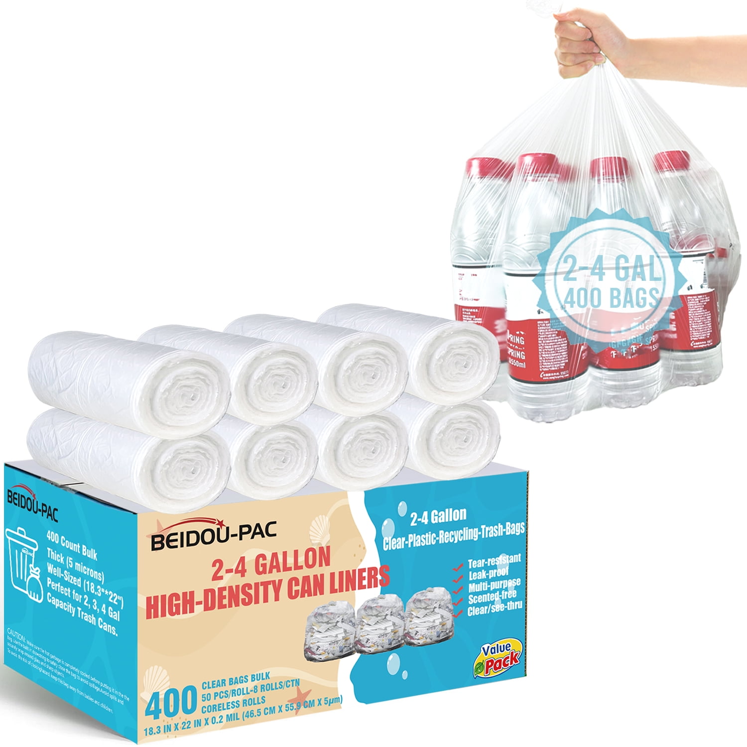 BEIDOU-PAC 2-4 Gal Trash Bags, 400 ct, Unscented Clear Plastic ...
