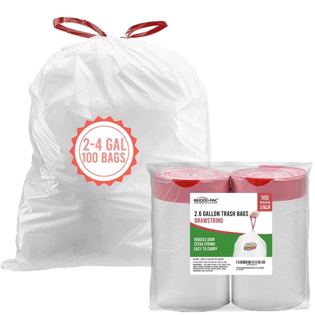 BEIDOU-PAC 2-4 Gallon Trash Bags, White Drawstring Liners, Unscented ...