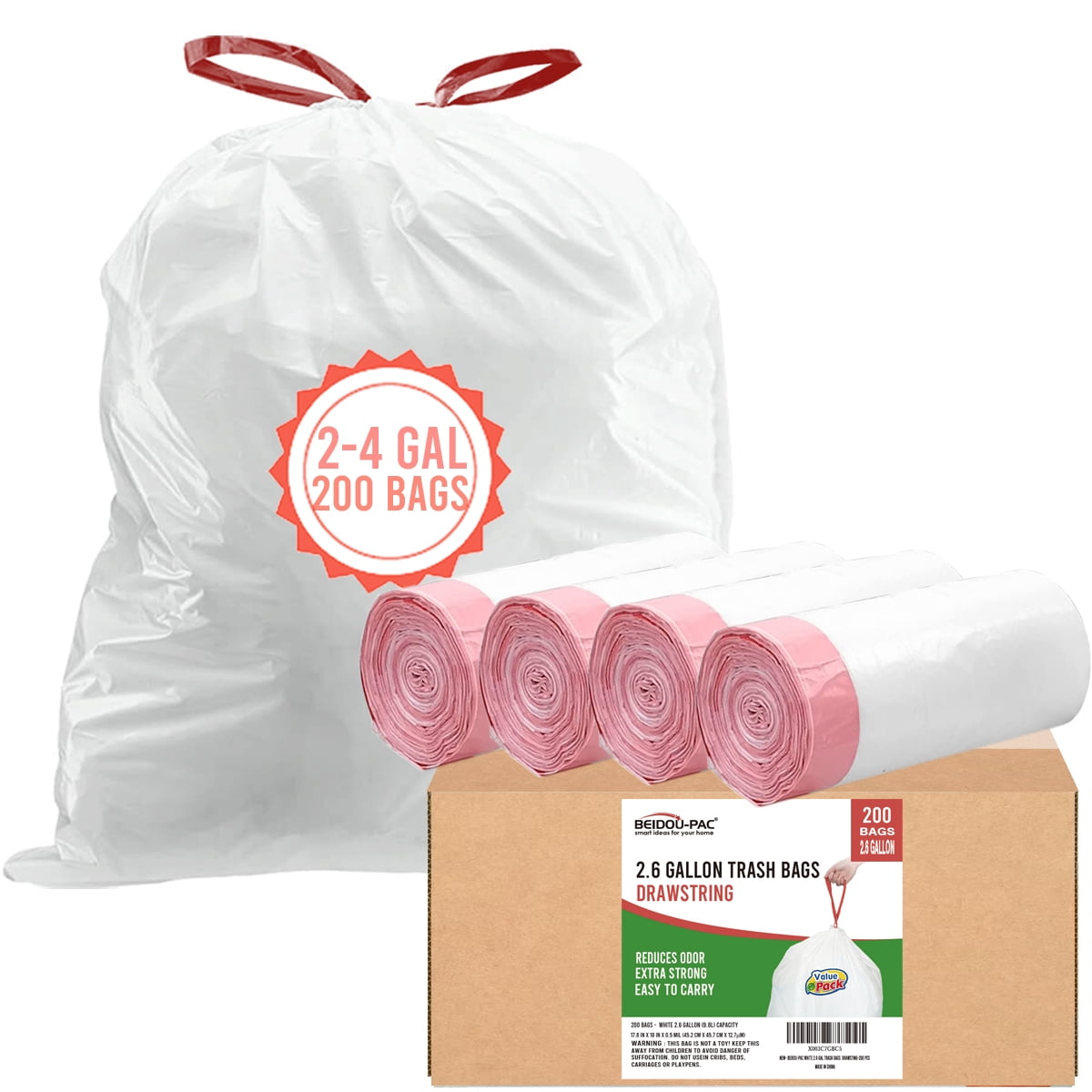 BEIDOU-PAC 2-4 Gallon Trash Bags, White Drawstring Garbage Liners ...