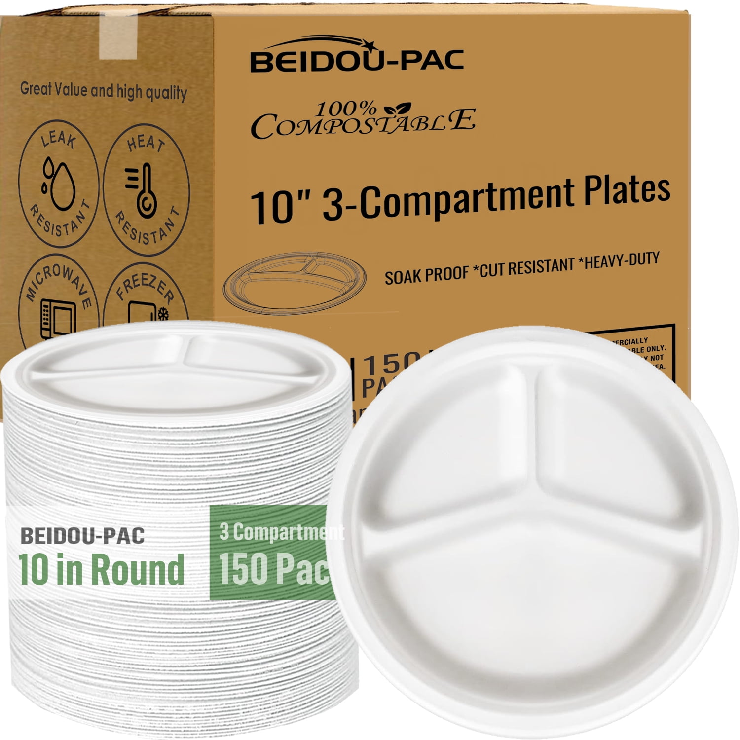 BEIDOU-PAC 3 Compartment Compostable Heavy Duty Disposable Paper Plates ...