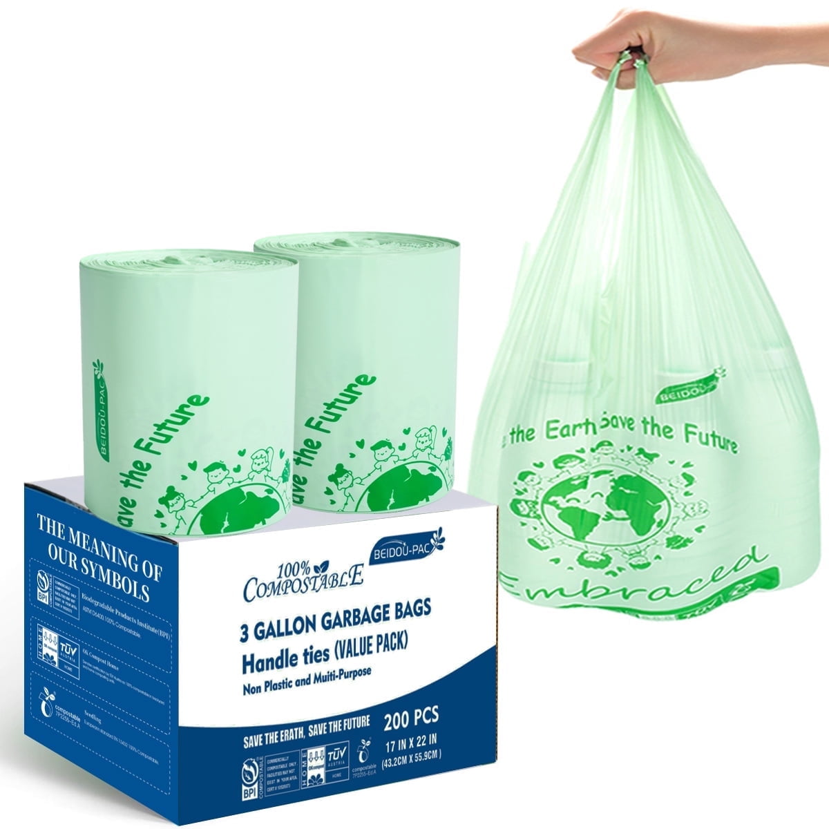 BEIDOU-PAC 3 Gallon Compost Bags 200 Count Small Kitchen Trash Liners ...