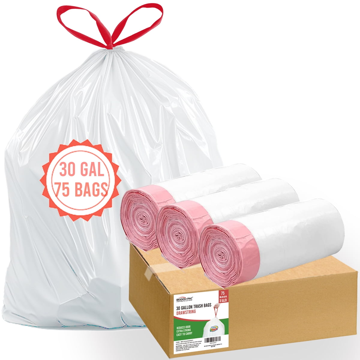BEIDOU-PAC 30 Gallon Trash Bags Drawstring, 75 Count | Heavy Duty ...