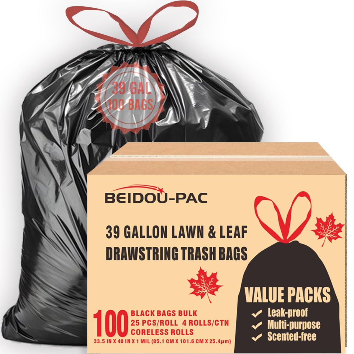 BEIDOU-PAC 39 Gallon Black Drawstring Trash Bags, Heavy Duty, Unscented ...