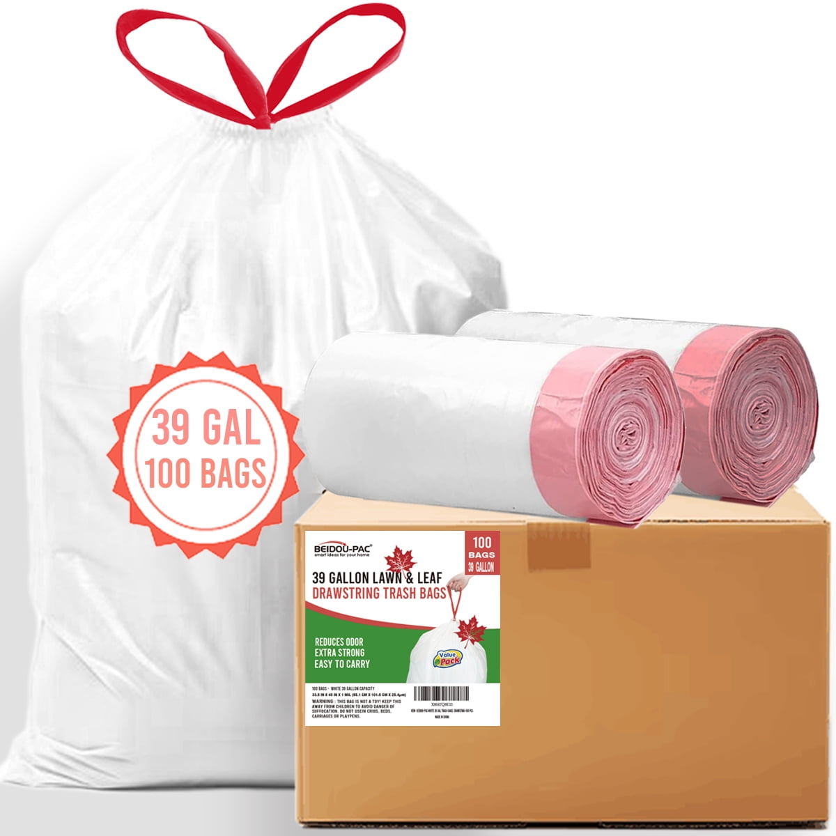 BEIDOU-PAC 39 Gallon Lawn & Leaf Drawstring Trash Bags, 100 Count ...