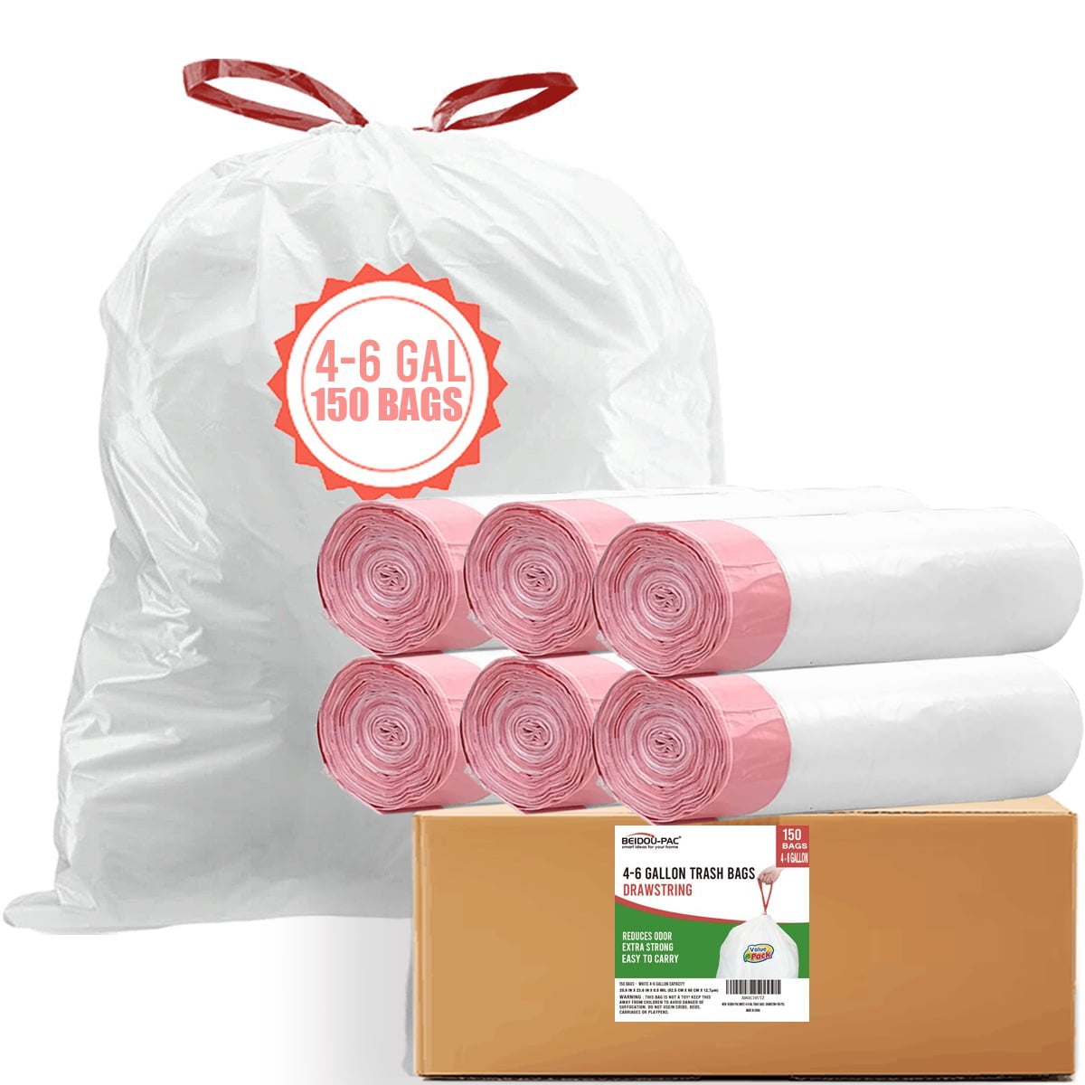 BEIDOU-PAC 4-6 Gallon Trash Bags Drawstring, 150 Count, White ...