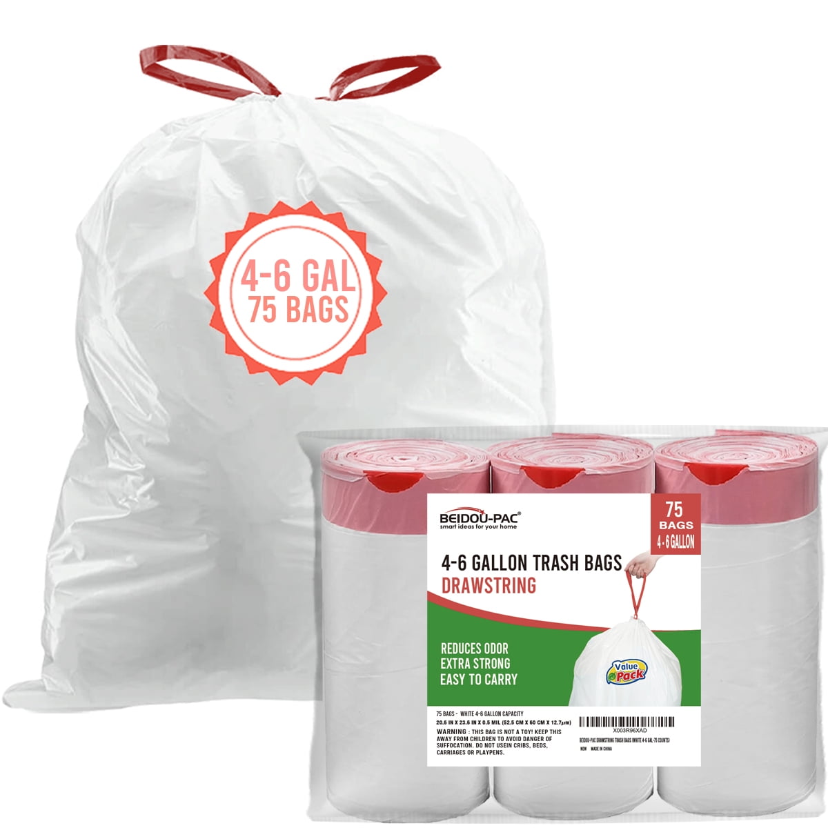 BEIDOU-PAC 4-6 Gallon Trash Bags Drawstring, 75 Count, White ...