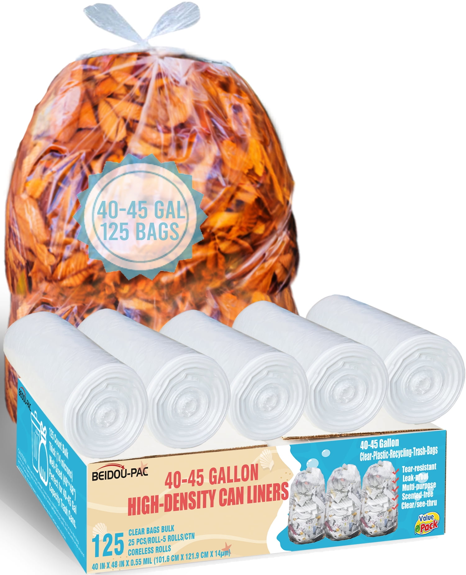 BEIDOU-PAC 40-45 Gallon Clear Lawn & Leaf Trash Bags, 125 Count, Heavy Duty, Unscented - Walmart.com