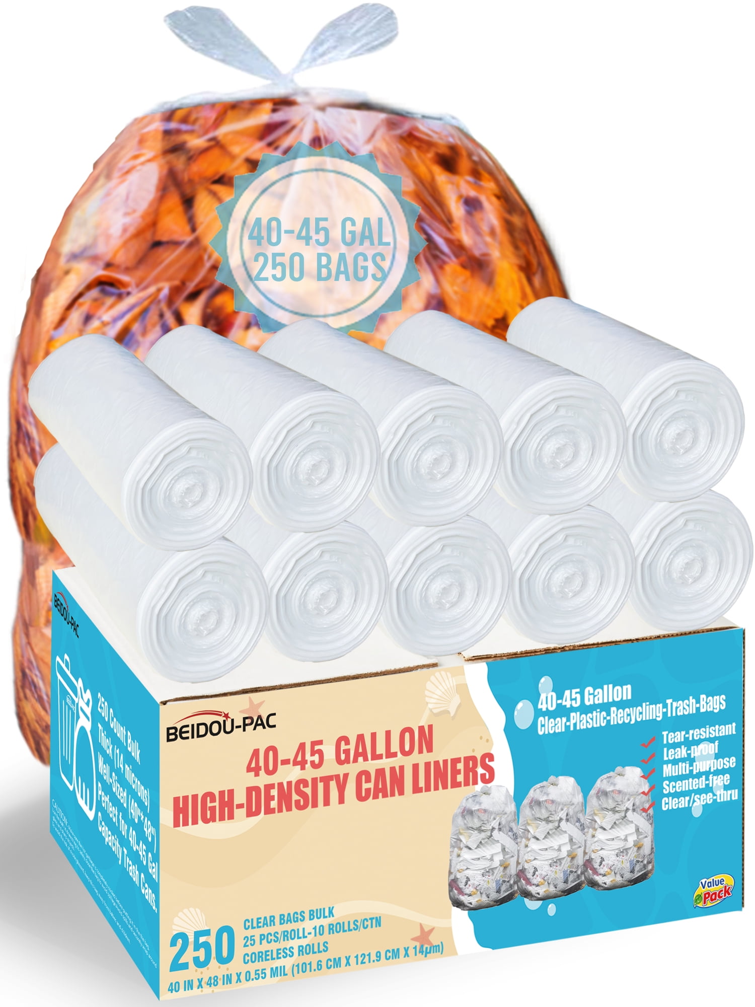 BEIDOU-PAC 40-45 Gallon Clear Lawn & Leaf Trash Bags, 250 Count, Heavy Duty, Unscented - Walmart.com