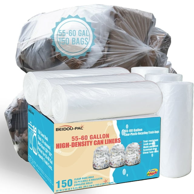 BEIDOU-PAC 55-60 Gallon Trash Bags, 150 Count, Heavy Duty Clear Plastic ...