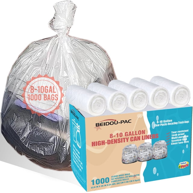 BEIDOU-PAC Clear Trash Bags, 8-10 Gallon, 1000 Count, Unscented, Leak ...