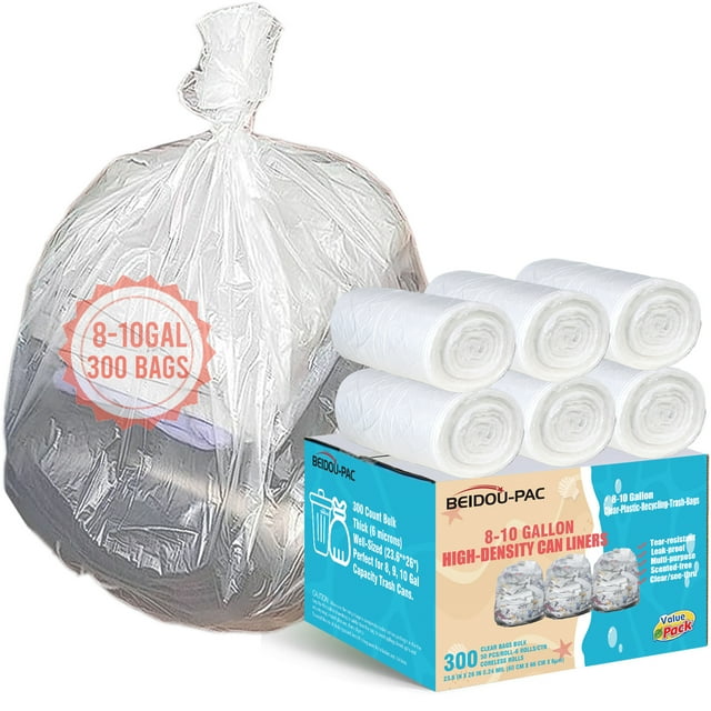 BEIDOU-PAC 8-10 Gallon Trash Can Liners, 300 Count, Unscented Clear ...