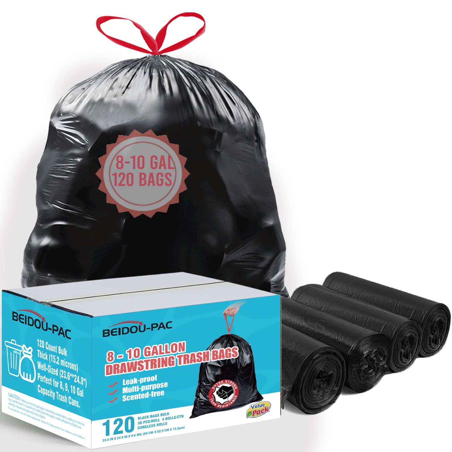 BEIDOU-PAC 8-10 Gallon Trash Bags Drawstring, 120 Count, Black ...