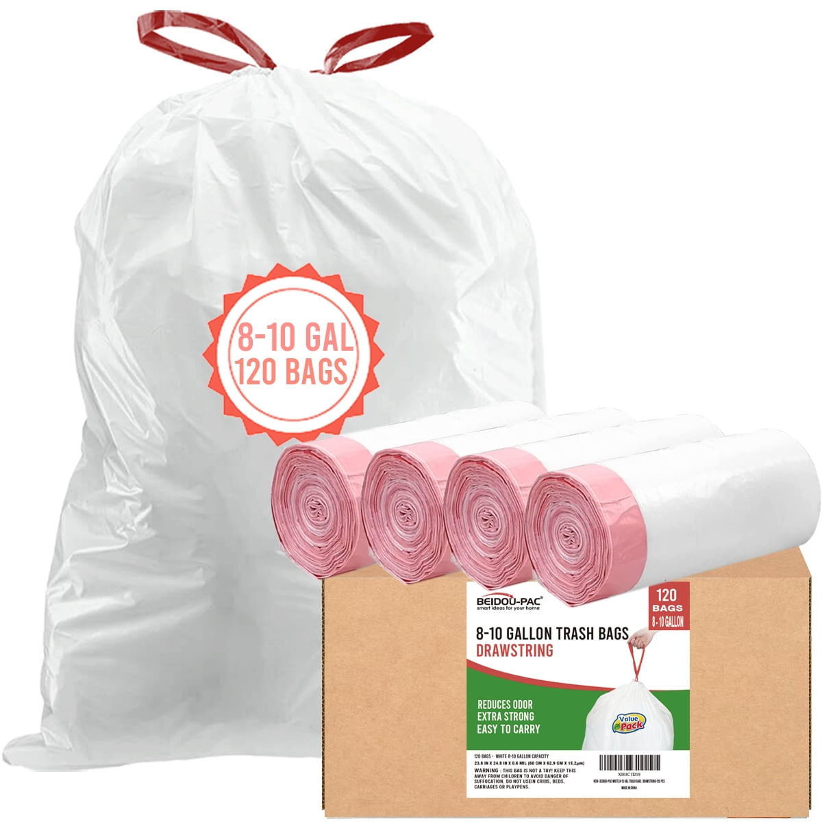 BEIDOU-PAC 8-10 Gallon Trash Bags Drawstring, 120 Count, White ...