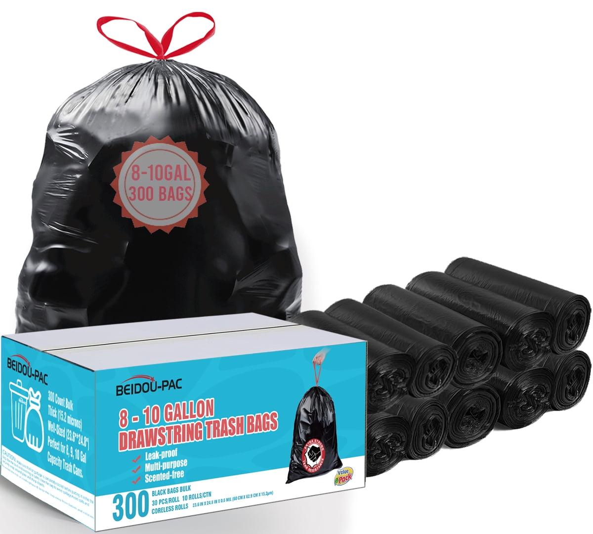 BEIDOU-PAC 8-10 Gallon Trash Bags Drawstring, 300 Count, Black ...