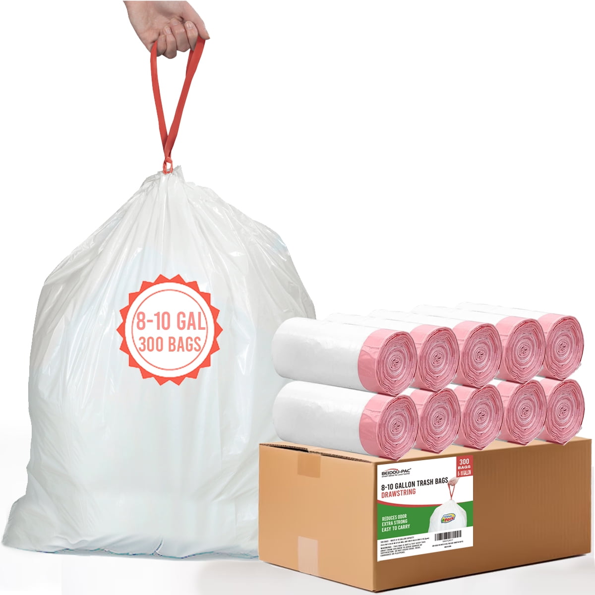 BEIDOU-PAC 8-10 Gallon Trash Bags Drawstring, 300 Count, White ...