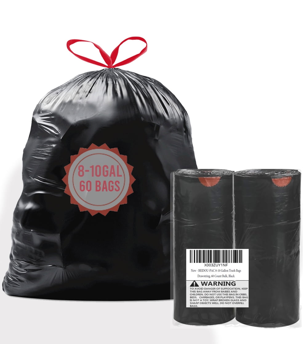 BEIDOU-PAC 8-10 Gallon Black Drawstring Trash Bags, Durable Unscented ...