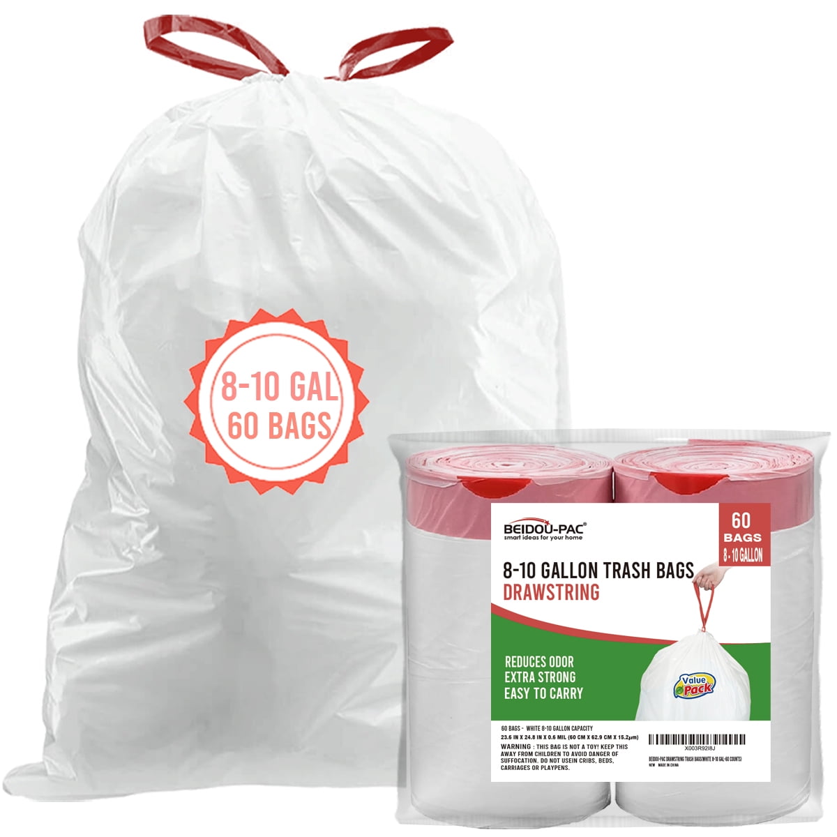 BEIDOU-PAC 8-10 Gallon Trash Bags Drawstring, 60 Count, White ...