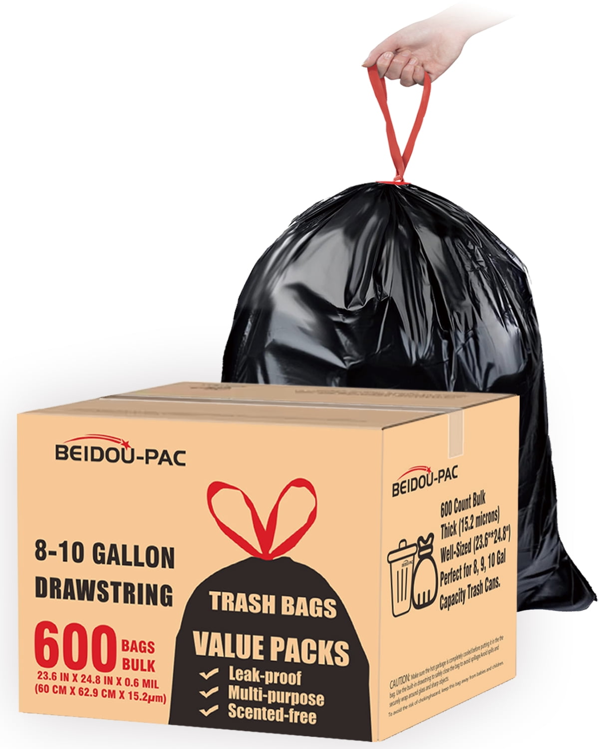 BEIDOU-PAC 8-10 Gallon Black Drawstring Trash Bags, Durable Odorless ...