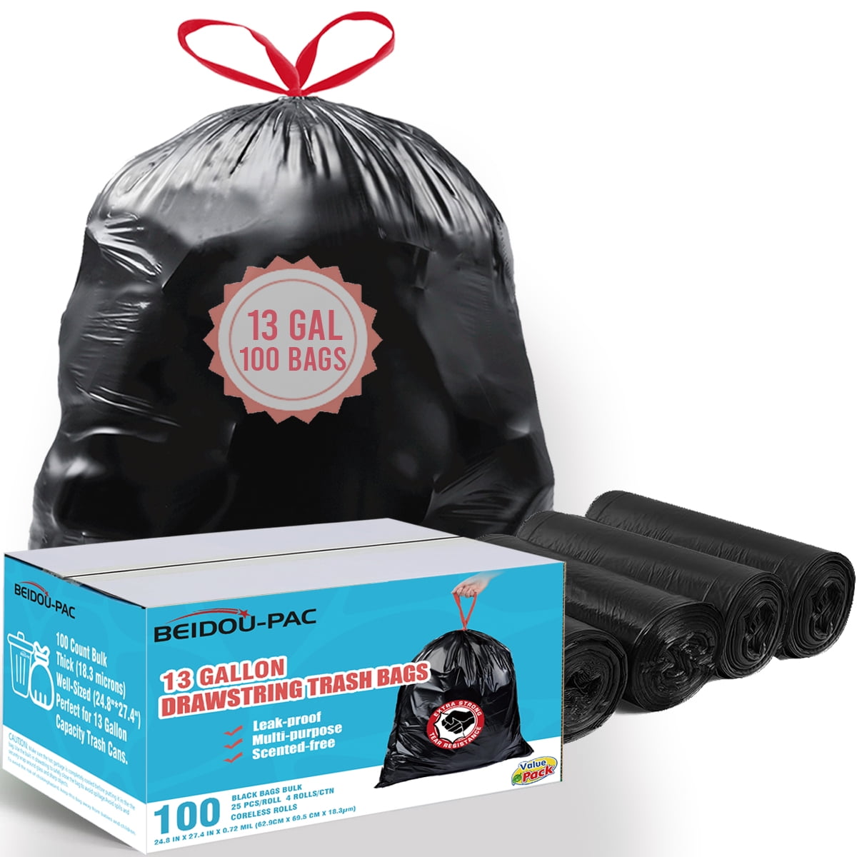 Beidou-Pac 13 Gallon Drawstring Trash Bags, Heavy-Duty Black Unscented ...