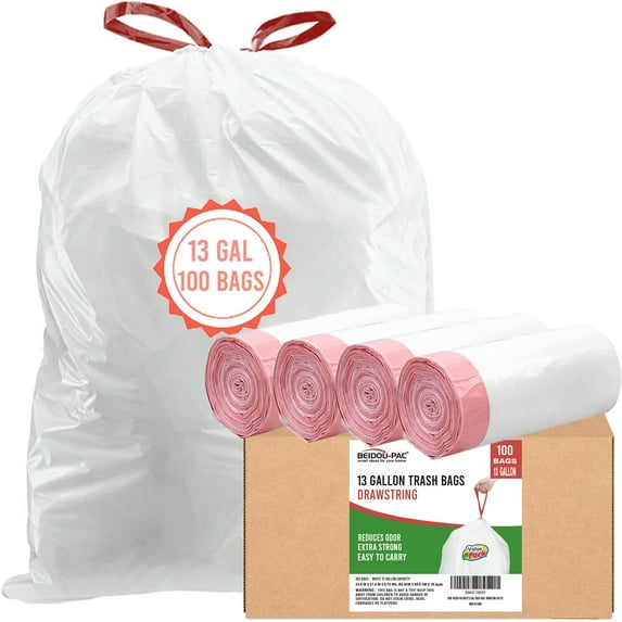 BEIDOU-PAC 13 Gallon Drawstring Kitchen Trash Bags 100 White Odorless ...