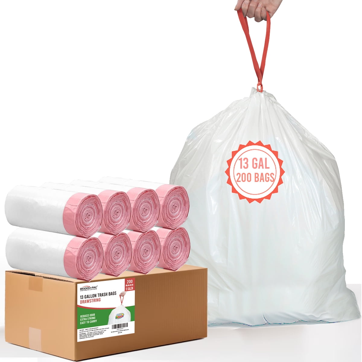 BEIDOU-PAC 13 Gallon Drawstring Trash Bags, White Unscented Garbage ...