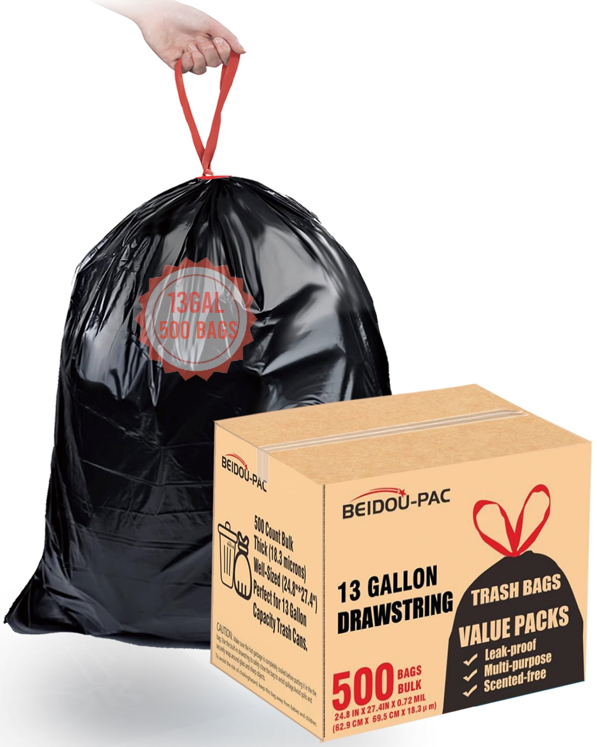BEIDOU-PAC 13 Gallon Garbage Sacks, Heavy Duty Plastic Drawstring Trash ...