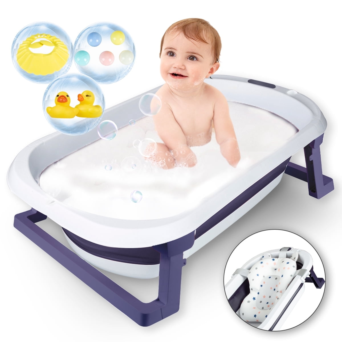 BEJOLO Folding Baby Bathtub, Infant Bath Tub with Anti Slip Pad, Blue with Floating Pad ...