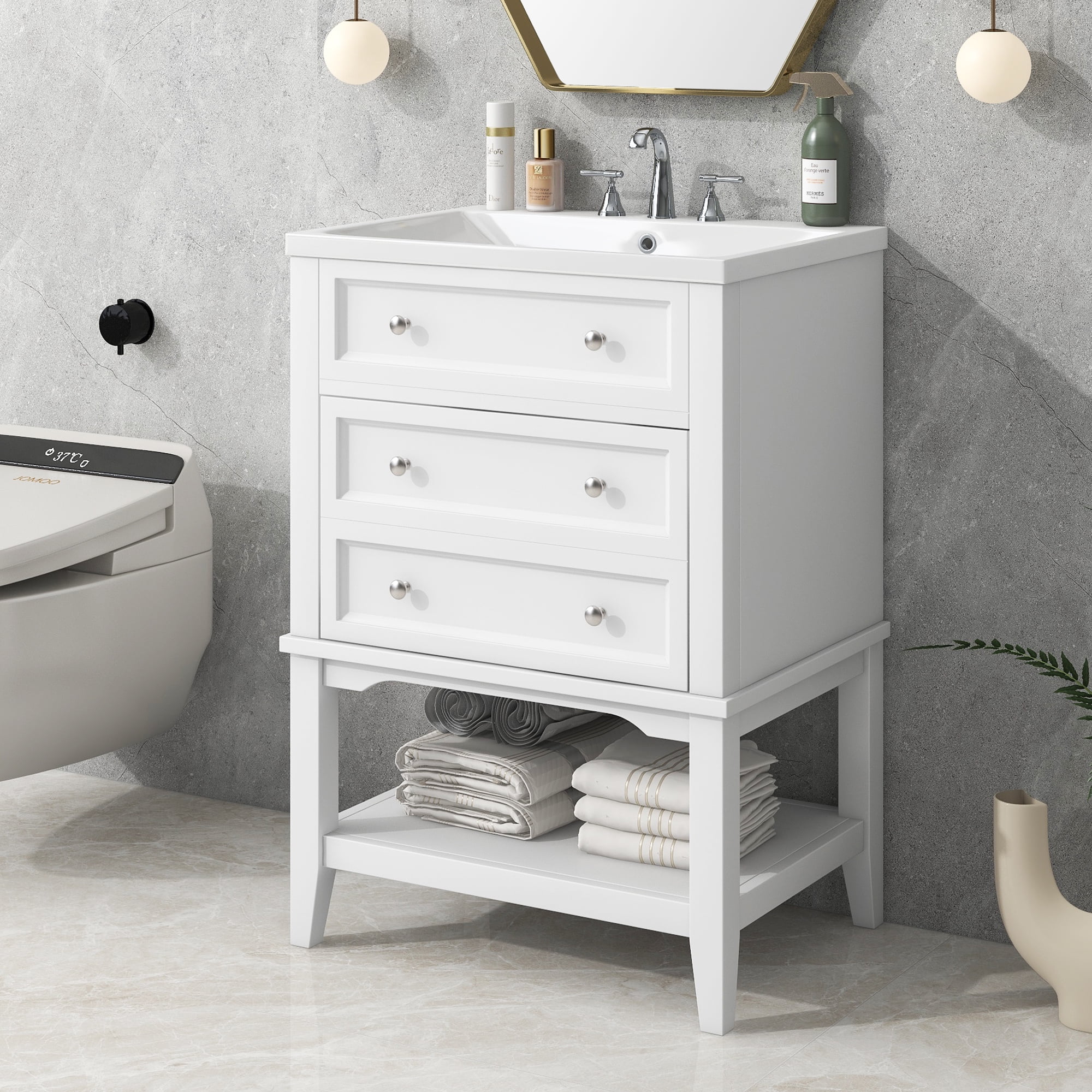 BEKAY 24" Free Standing Bathroom Vanity Ceramic Sink Drawer Open Shelf ...