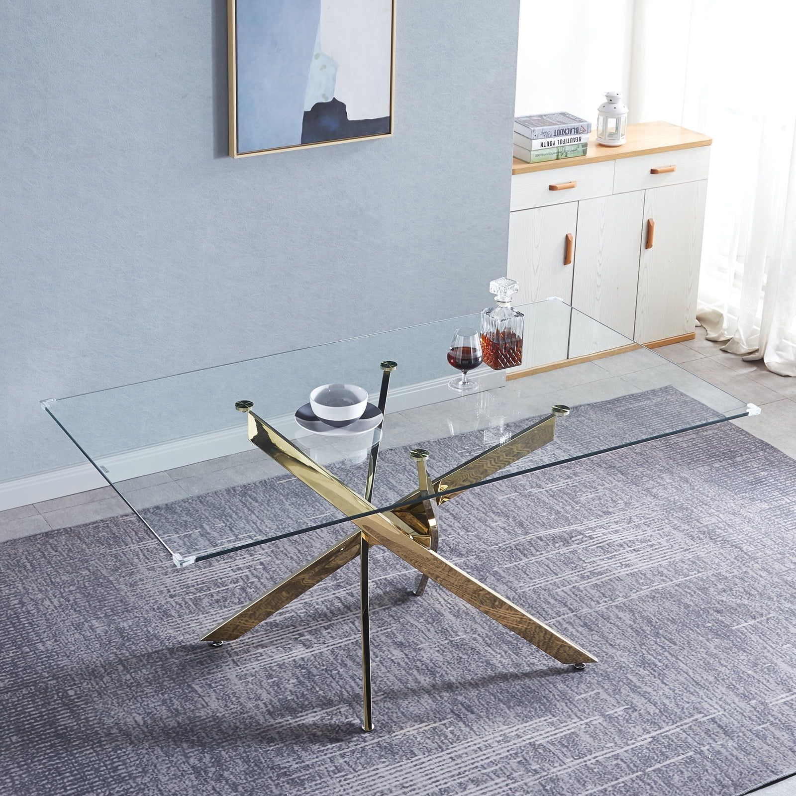 BEKAY 63" Glass Dining Table for 6 Person, Modern Rectangular Tempered ...