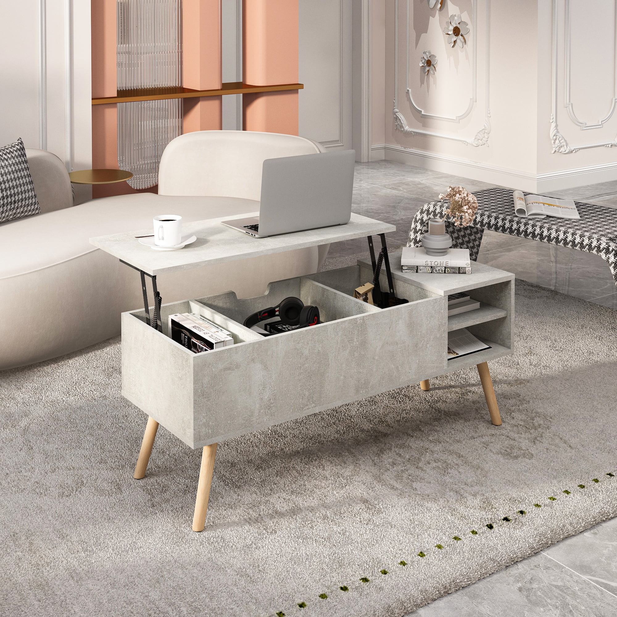 BEKAY Coffee Table with Open Storage Shelf ,Hidden Compartment Dining ...