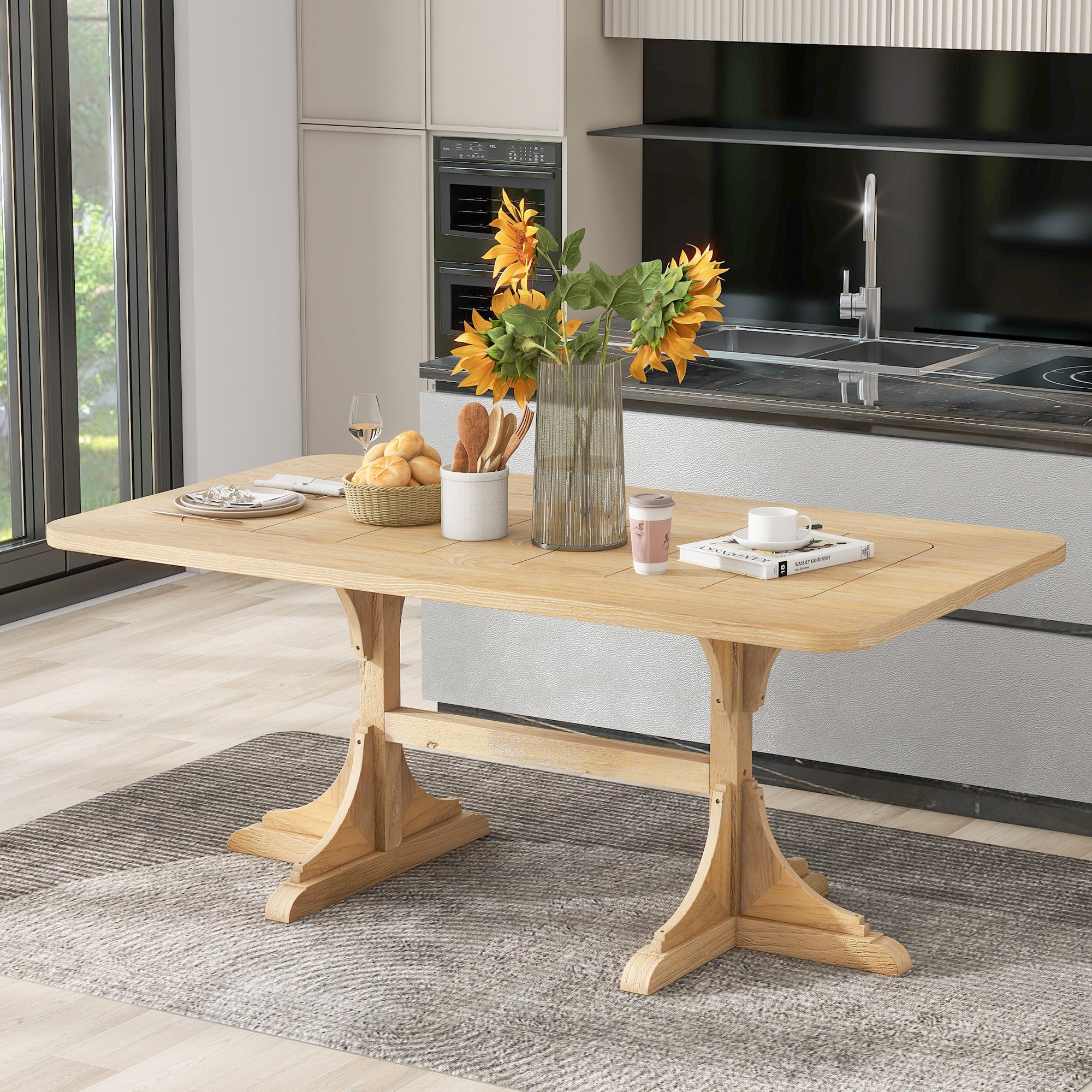 BEKAY Dining Table for 6, Rectangular Kitchen Table with Solid Rubber ...